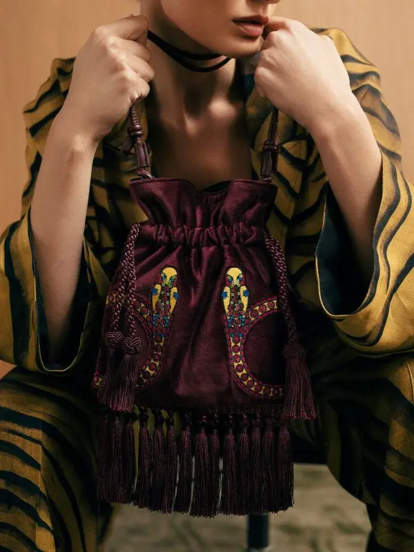 PAULA Embroidered Velvet Bag With Tassel