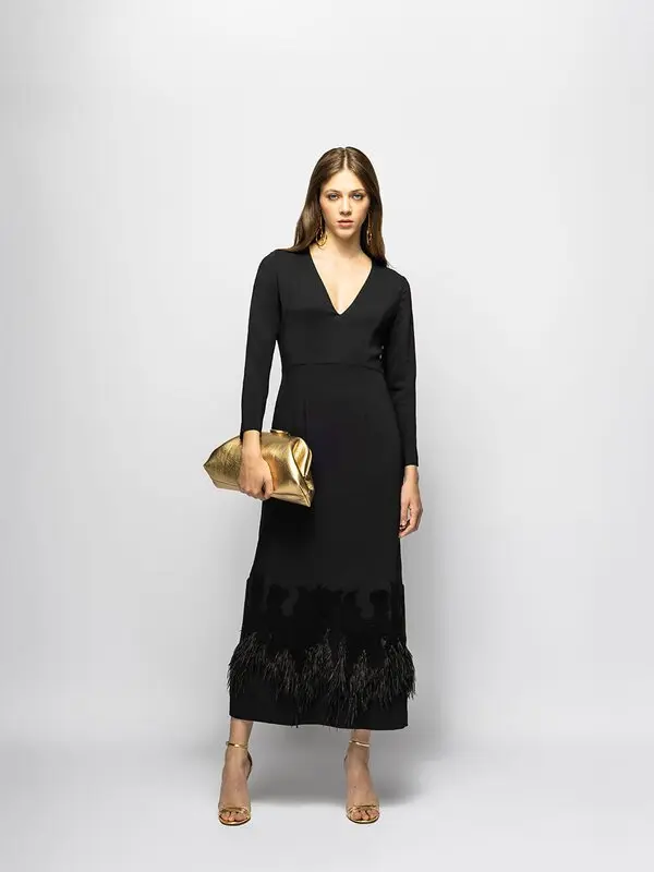 PAULA S Sakura Maxi Dress With Feather Trim - Black