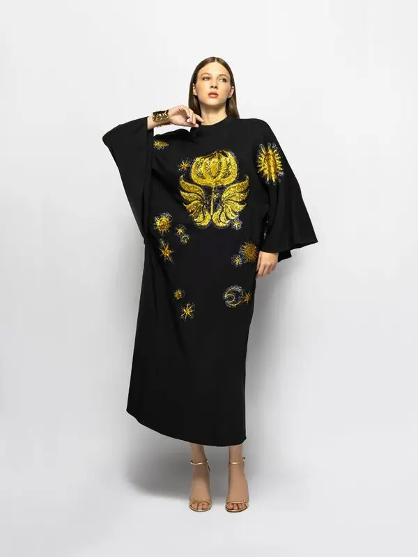 PAULA Areta Black Sequin Embroidered Kaftan