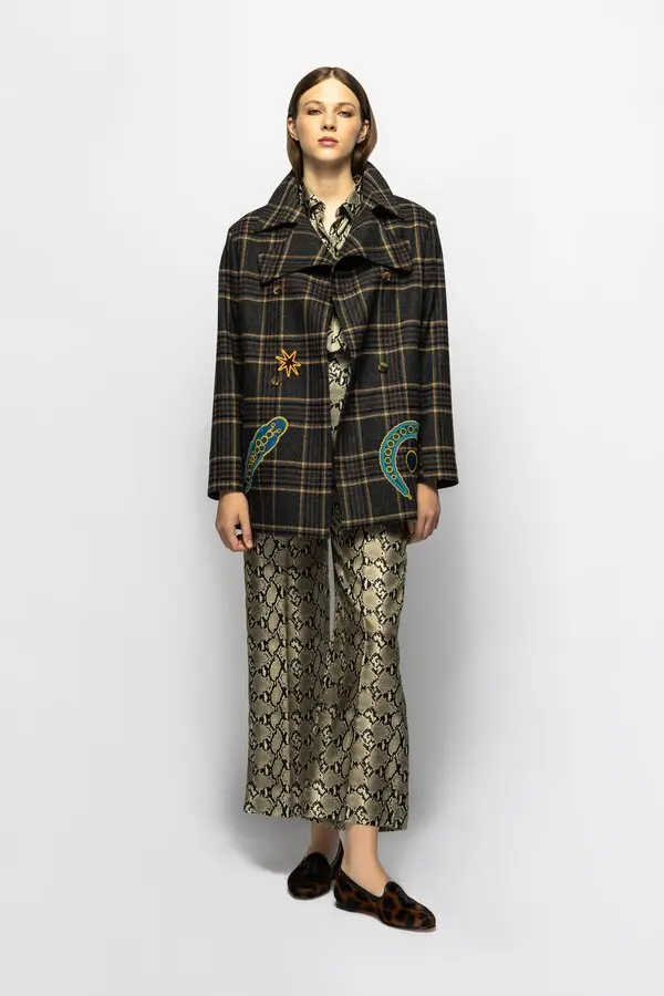 PAULA Hazel Check Houndstooth Embroidered Double-breasted Coat