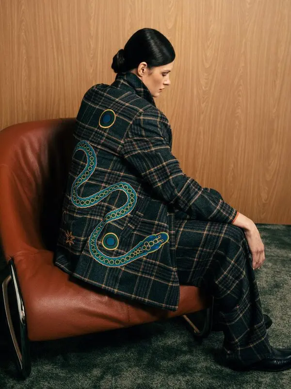 PAULA Hazel Check Houndstooth Embroidered Double-breasted Coat