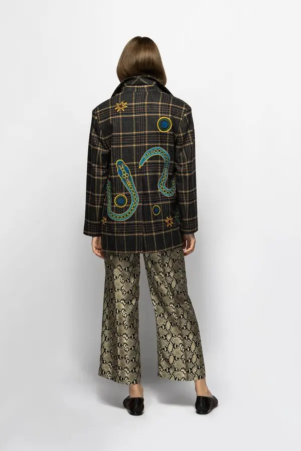 PAULA Hazel Check Houndstooth Embroidered Double-breasted Coat