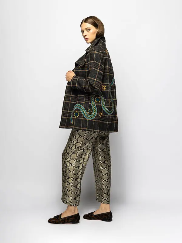 PAULA Hazel Check Houndstooth Embroidered Double-breasted Coat