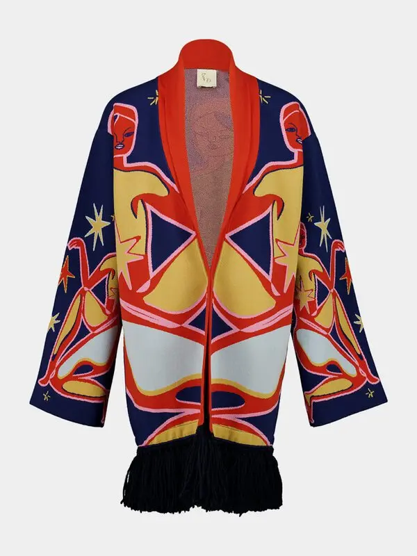 PAULA Toadstool Soulprint Jacquard Cardigan With Fringes - Blue