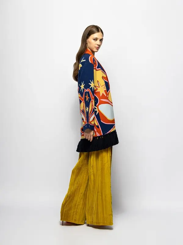 PAULA Toadstool Soulprint Jacquard Cardigan With Fringes - Blue