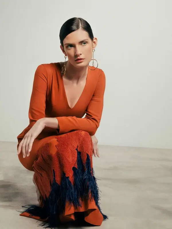 PAULA S Choice Sakura Cinnamon Stick Embroidered Long-sleeved Maxi Dress With Feathers - Orange