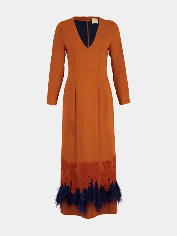 PAULA S Choice Sakura Cinnamon Stick Embroidered Long-sleeved Maxi Dress With Feathers