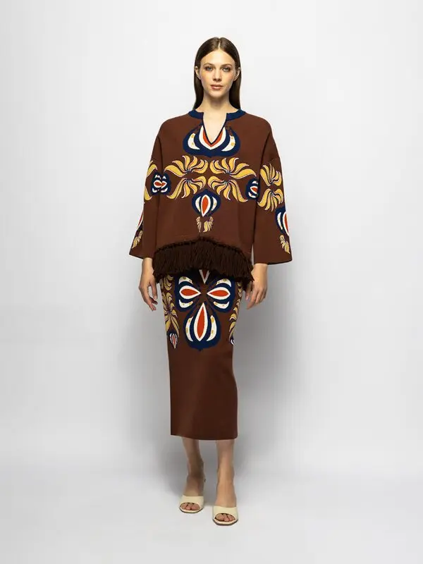 PAULA Spar Potting Soil Jacquard Knit Pencil Skirt