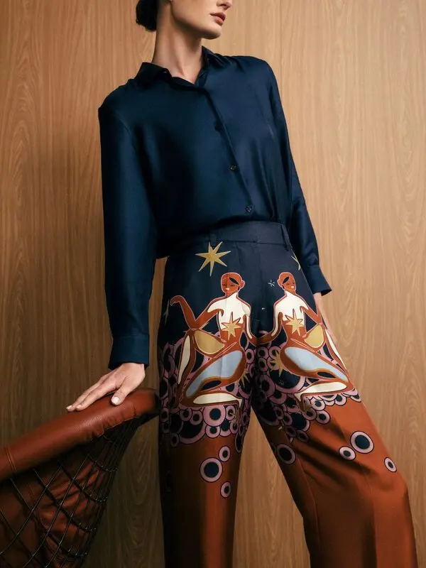 PAULA S Ibiza Sonia Soulprint Printed Silk Twill Wide Leg Trousers - Orange