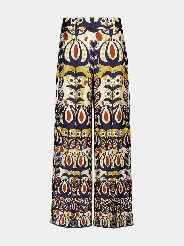 PAULA S Sonia Wonderland Printed Silk Twill Pants - Blue