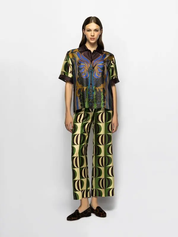 PAULA Sonia Modernchess Printed Silk Twill Wide Leg Pants
