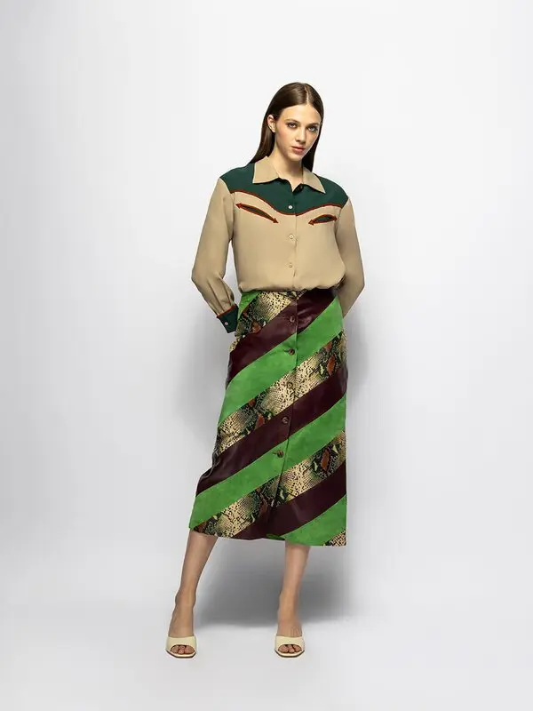 PAULA Madeline Multi Stripes Patchwork Leather Pencil Skirt - Multicolour