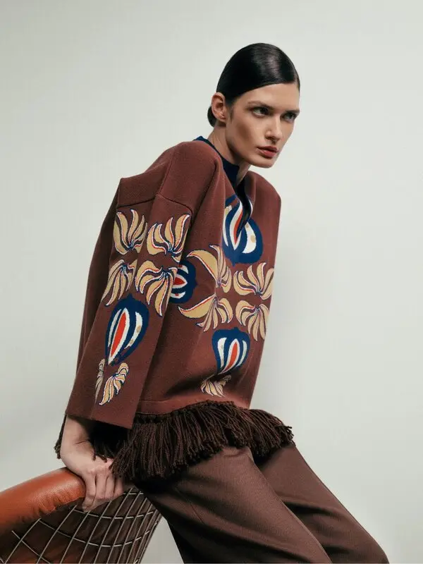 PAULA Jade Jacquard Sweater With Fringe - Brown