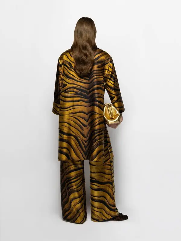 PAULA S Isla Tiger Stripe Printed Silk Twill Button-up Dress