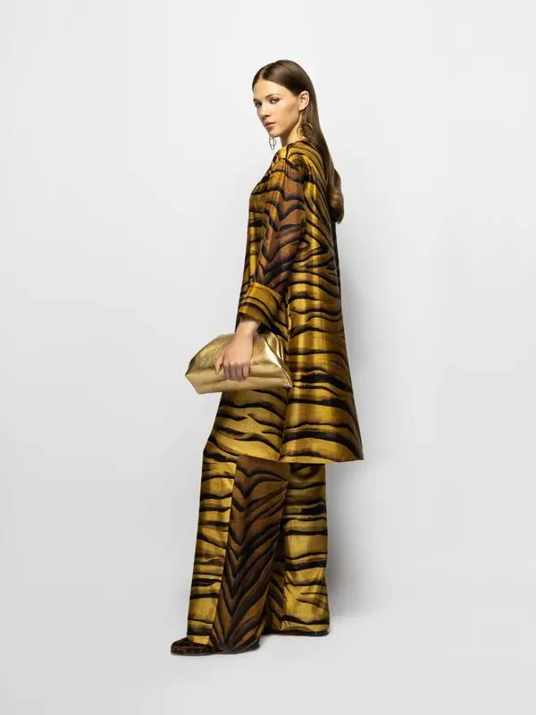 PAULA S Isla Tiger Stripe Printed Silk Twill Button-up Dress