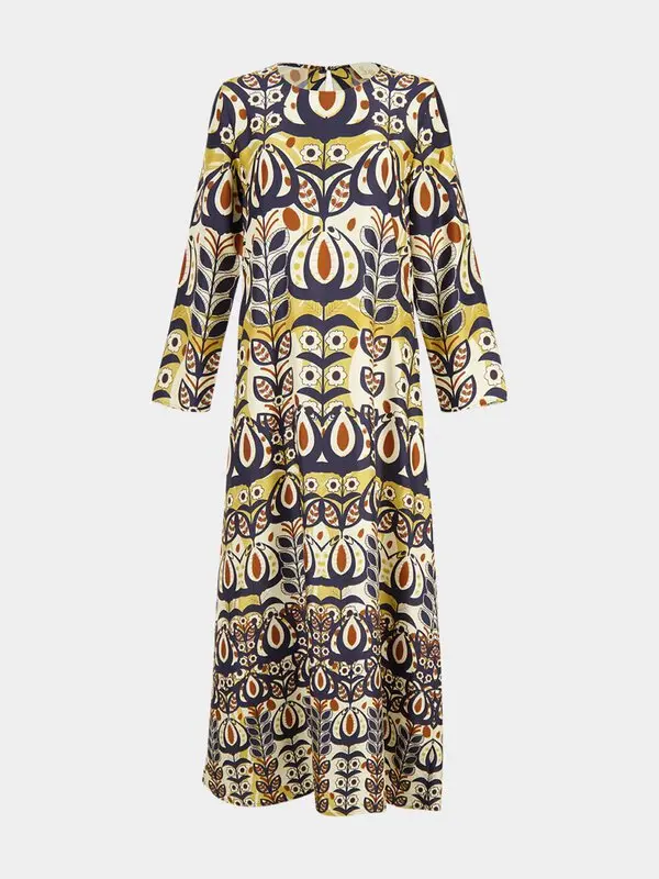 PAULA Gray Wonderland Printed Silk Twill A-line Maxi Dress - Blue