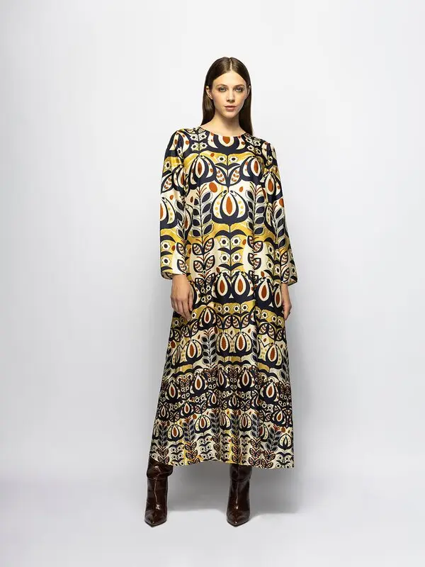 PAULA Gray Wonderland Printed Silk Twill A-line Maxi Dress - Blue