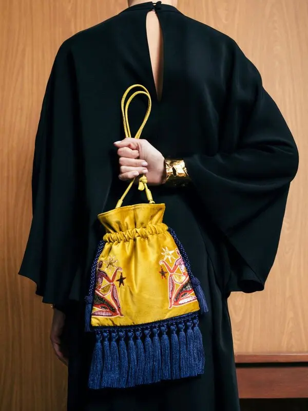 PAULA Embroidered Velvet Drawstring Bag With Tassels - Multicolour