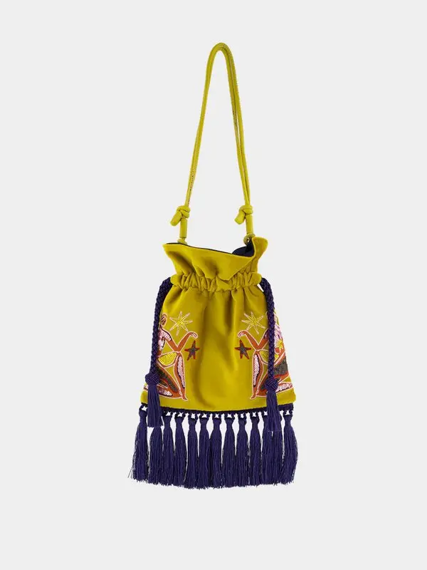 PAULA Embroidered Velvet Drawstring Bag With Tassels - Multicolour