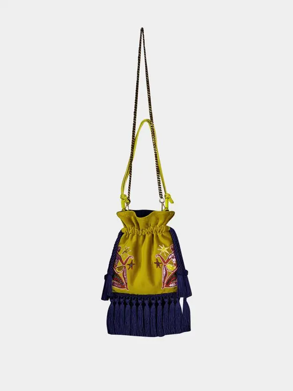 PAULA Embroidered Velvet Drawstring Bag With Tassels - Multicolour