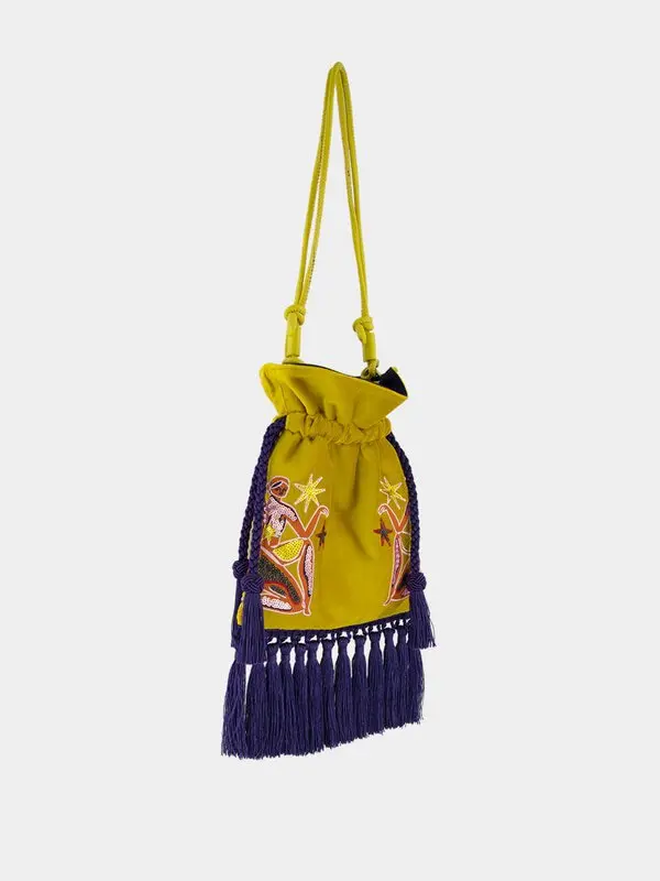 PAULA Embroidered Velvet Drawstring Bag With Tassels - Multicolour