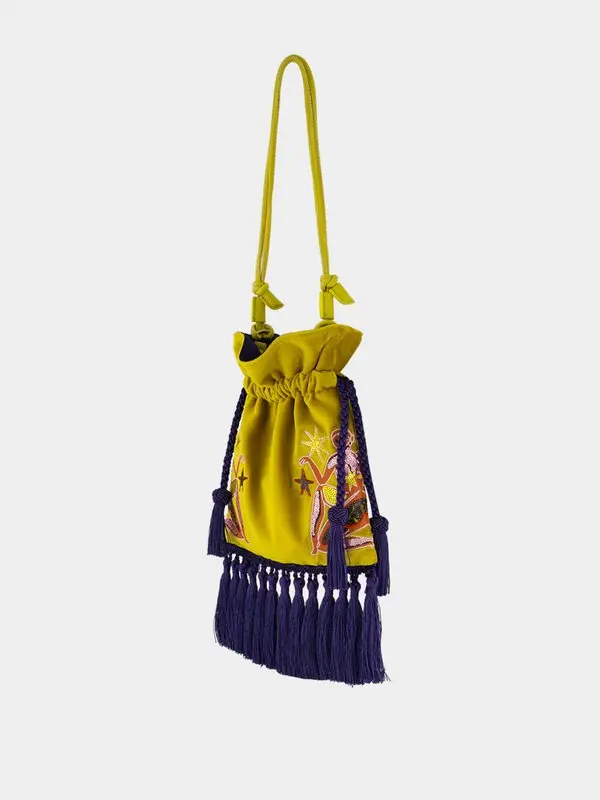 PAULA Embroidered Velvet Drawstring Bag With Tassels - Multicolour