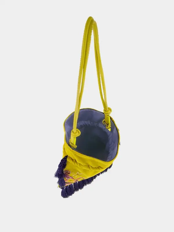 PAULA Embroidered Velvet Drawstring Bag With Tassels - Multicolour