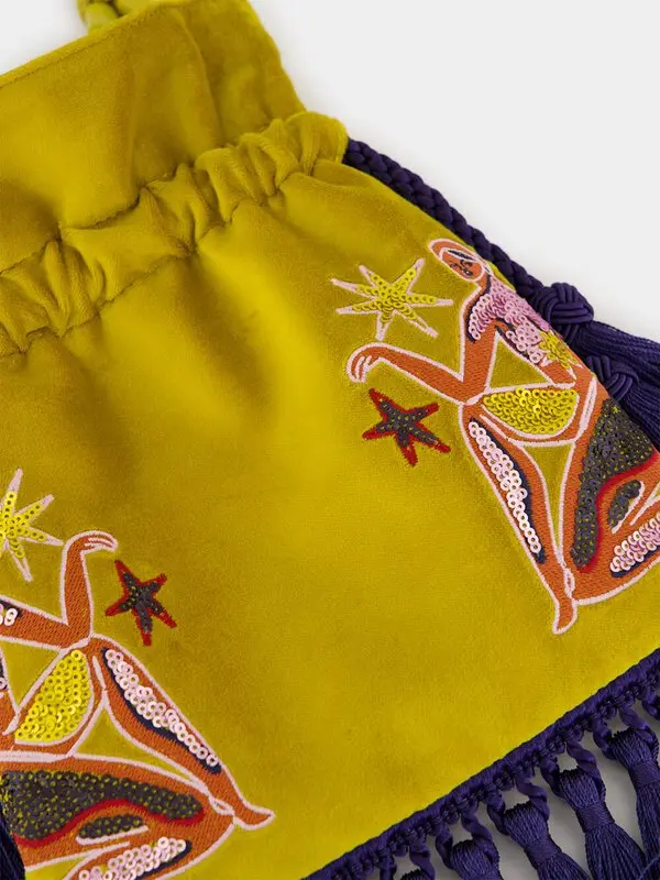 PAULA Embroidered Velvet Drawstring Bag With Tassels - Multicolour
