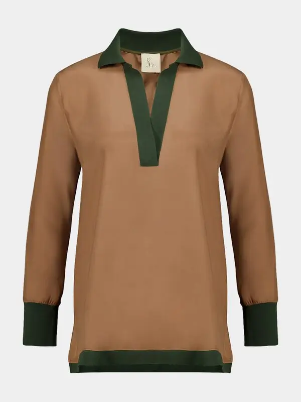 PAULA Diane Timberwolf Silk V-neck Long-sleeve Top - Brown
