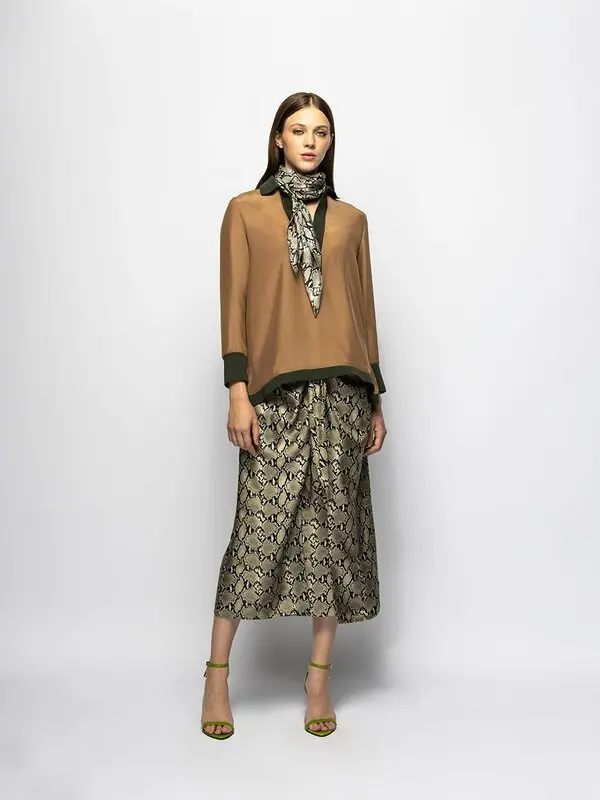 PAULA Diane Timberwolf Silk V-neck Long-sleeve Top - Brown