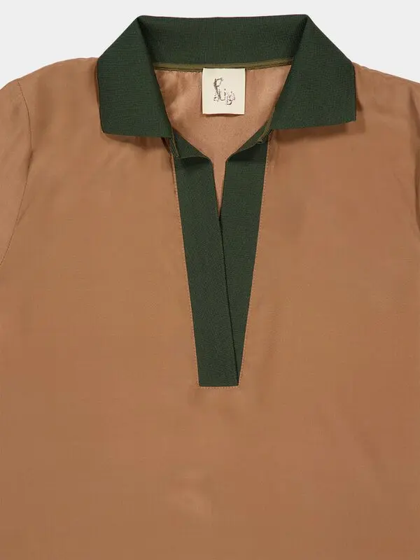 PAULA Diane Timberwolf Silk V-neck Long-sleeve Top - Brown