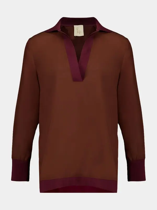 PAULA Diane Potting Soil Silk V-neck Long-sleeve Blouse - Brown