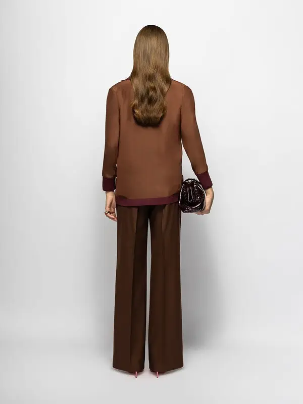 PAULA Diane Potting Soil Silk V-neck Long-sleeve Blouse - Brown