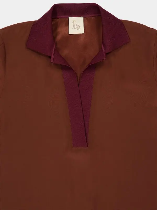 PAULA Diane Potting Soil Silk V-neck Long-sleeve Blouse - Brown