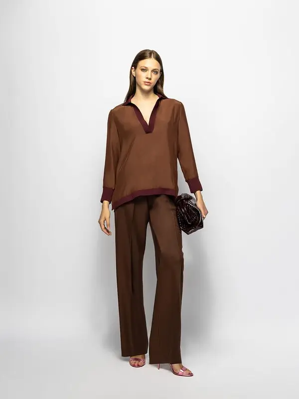 PAULA Diane Potting Soil Silk V-neck Long-sleeve Blouse - Brown