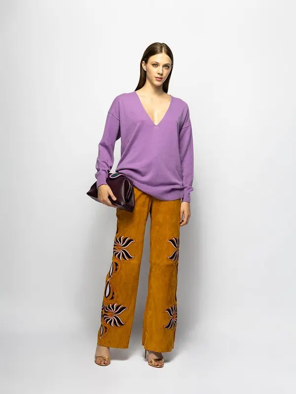 PAULA Alice Wide-leg Suede Pants With Floral Embroidery - Brown