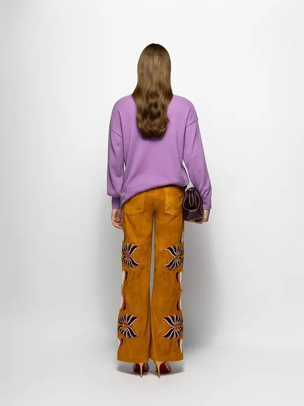 PAULA Alice Wide-leg Suede Pants With Floral Embroidery - Brown