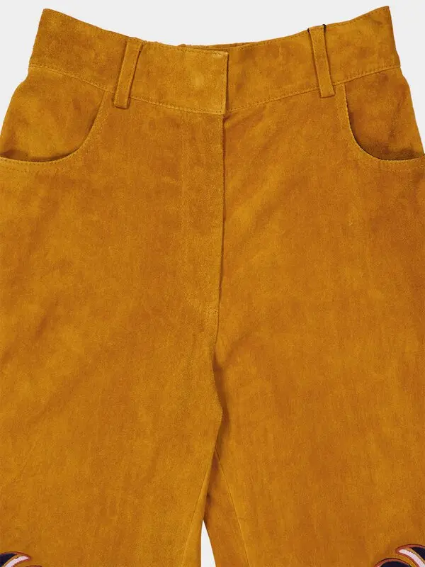 PAULA Alice Wide-leg Suede Pants With Floral Embroidery - Brown