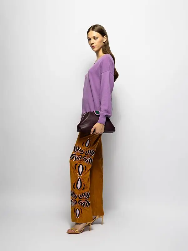 PAULA Alice Wide-leg Suede Pants With Floral Embroidery - Brown