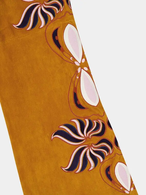 PAULA Alice Wide-leg Suede Pants With Floral Embroidery - Brown