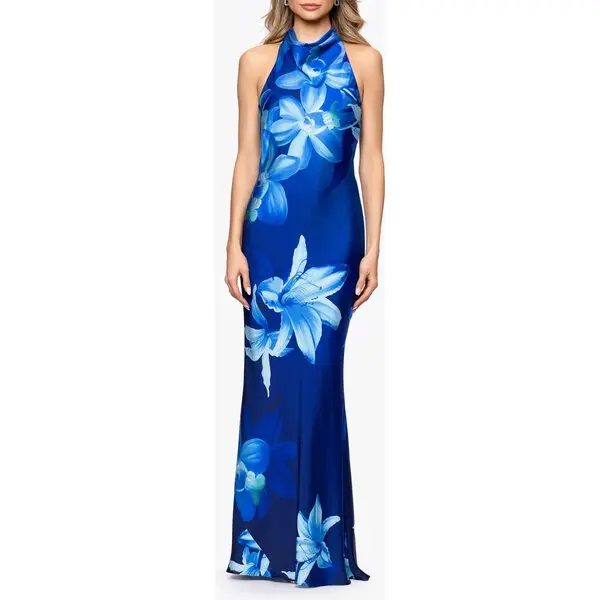 Betsy & Adam Floral Halter Neck Hammered Satin Gown