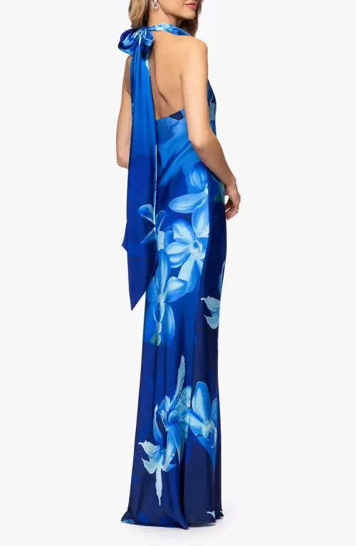 Betsy & Adam Floral Halter Neck Hammered Satin Gown
