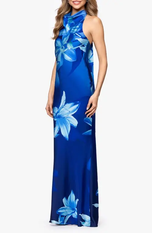 Betsy & Adam Floral Halter Neck Hammered Satin Gown