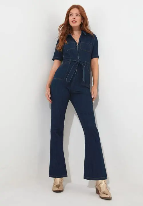 JOE BROWNS Stretch Denim Jumpsuit With Waist Tie And Bootcut Silhouette - Dark Blue