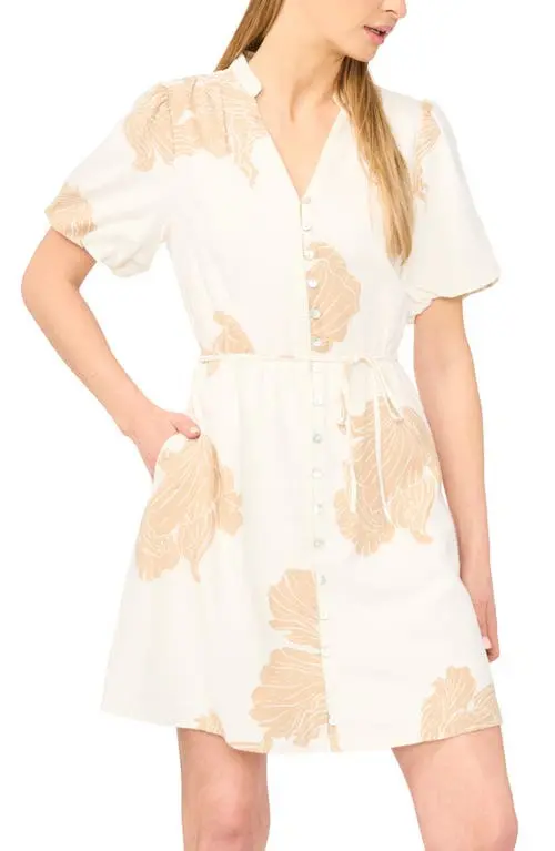 Halogen Neutral Floral Print Linen Blend Shirtdress