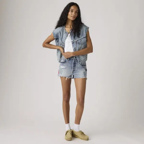 LEVI'S 501 Original Fit High-rise Distressed Patchwork Denim Shorts