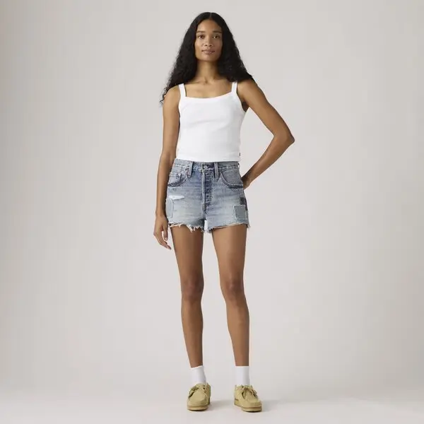 LEVI'S 501 Original Fit High-rise Distressed Patchwork Denim Shorts