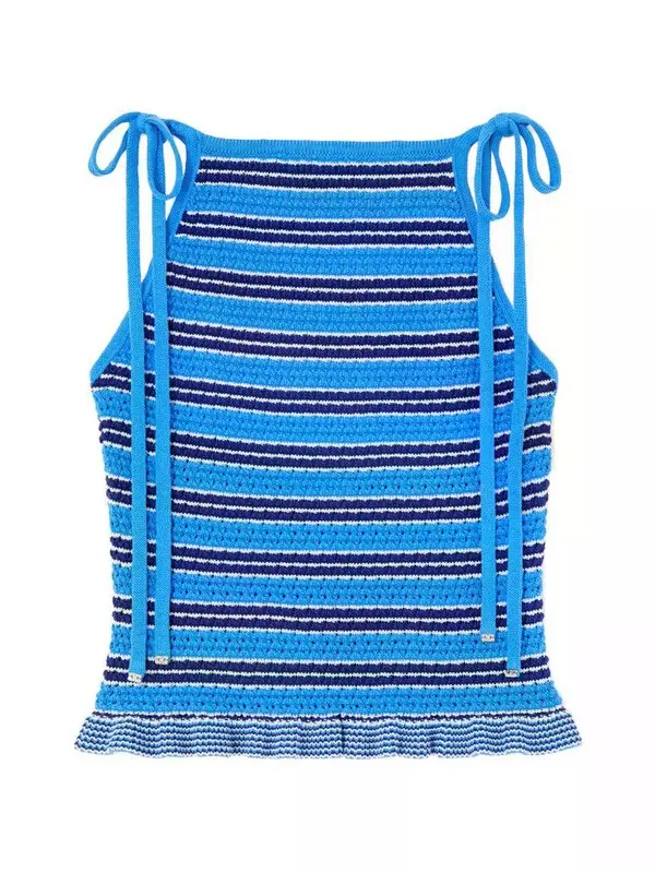 GANNI Striped Pointelle Knit Top - Blue