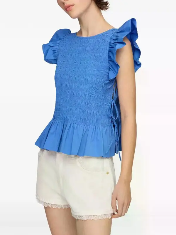 GANNI Smocked Ruffled Sleeve Blouse - Blue