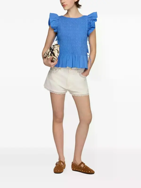 GANNI Smocked Ruffled Sleeve Blouse